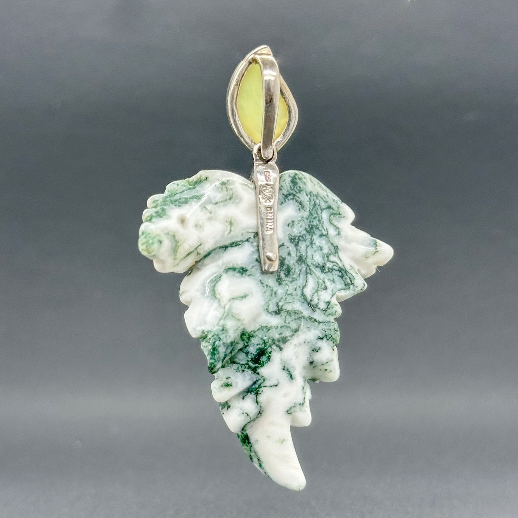 Estate SS Jody Crowell Carved Moss Agate Leaf Pendant