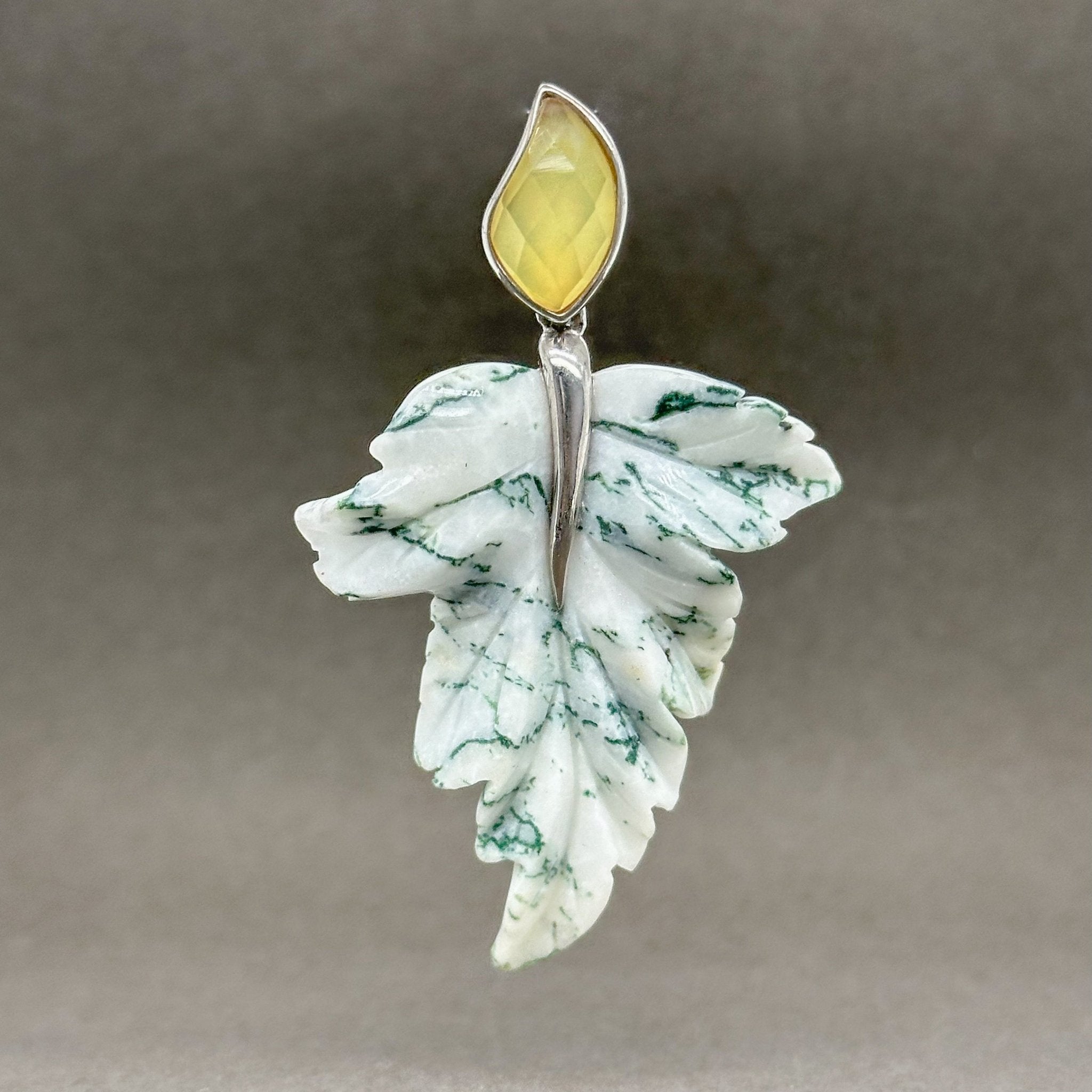 Estate Sterling Silver Jody Crowell Carved Moss Agate Leaf Pendant A ...